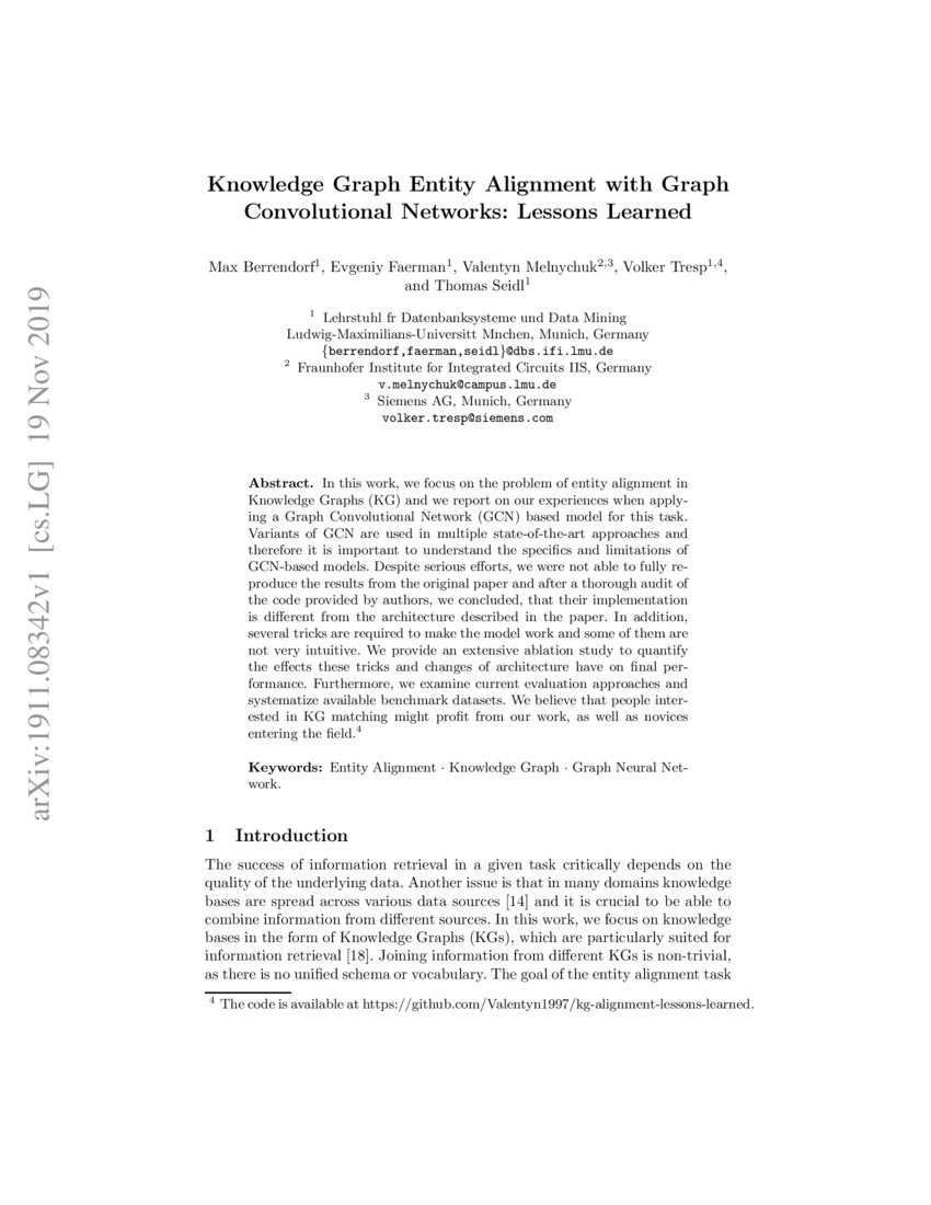 Knowledge Graph Entity Alignment With Graph Convolutional Networks Lessons Learned Deepai 8230