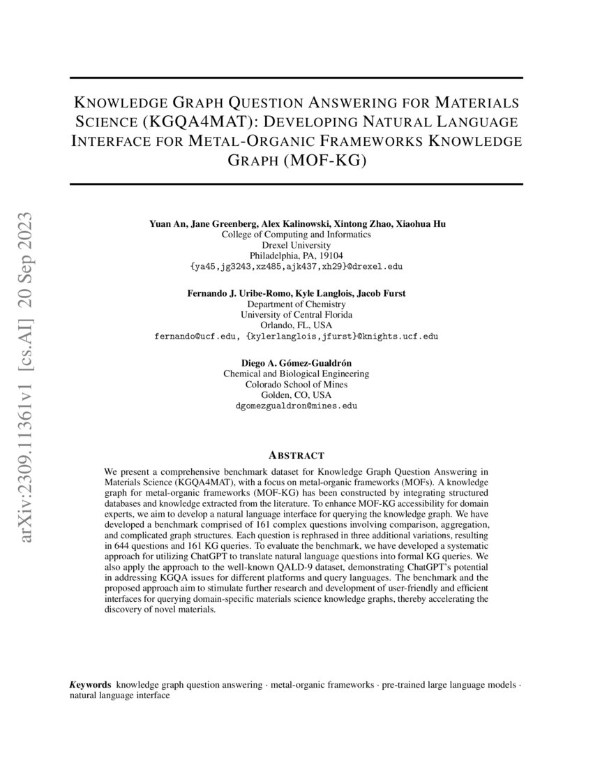 Knowledge Graph Question Answering for Materials Science (KGQA4MAT ...