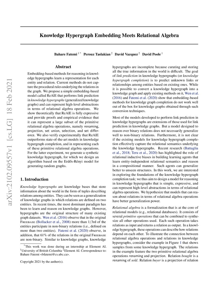 Knowledge Hypergraph Embedding Meets Relational Algebra | DeepAI