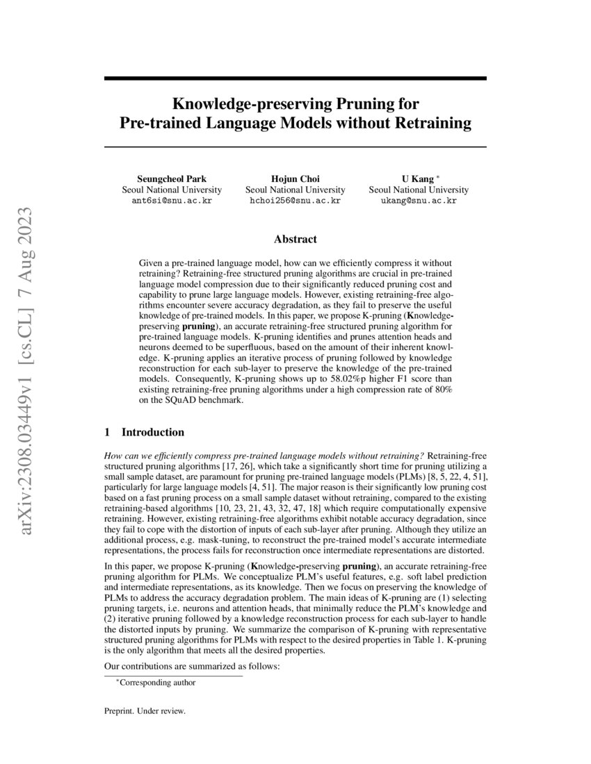 Knowledge Preserving Pruning For Pre Trained Language Models Without Retraining Deepai