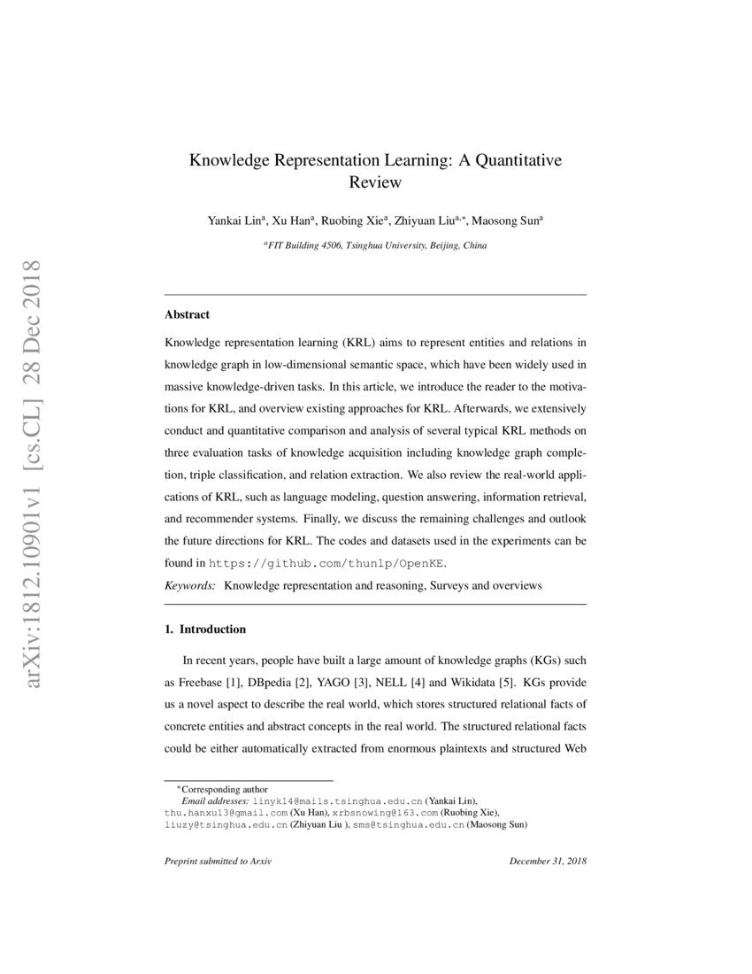 Knowledge Representation Learning: A Quantitative Review | DeepAI