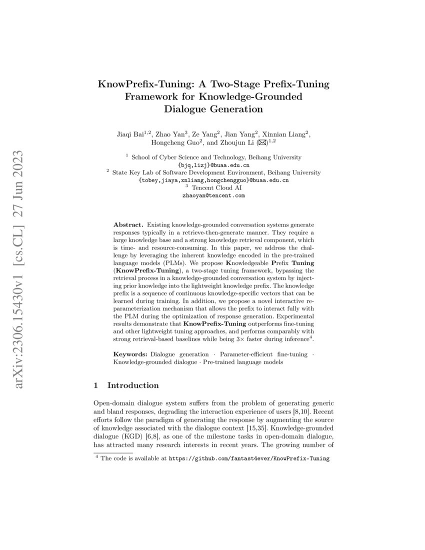 KnowPrefix-Tuning: A Two-Stage Prefix-Tuning Framework for Knowledge-Grounded Dialogue ...