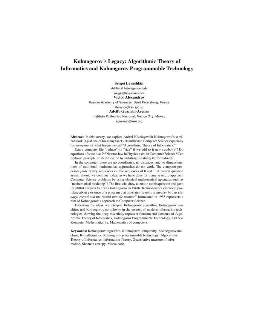 Kolmogorovs Legacy Algorithmic Theory Of Informatics And Kolmogorov Programmable Technology