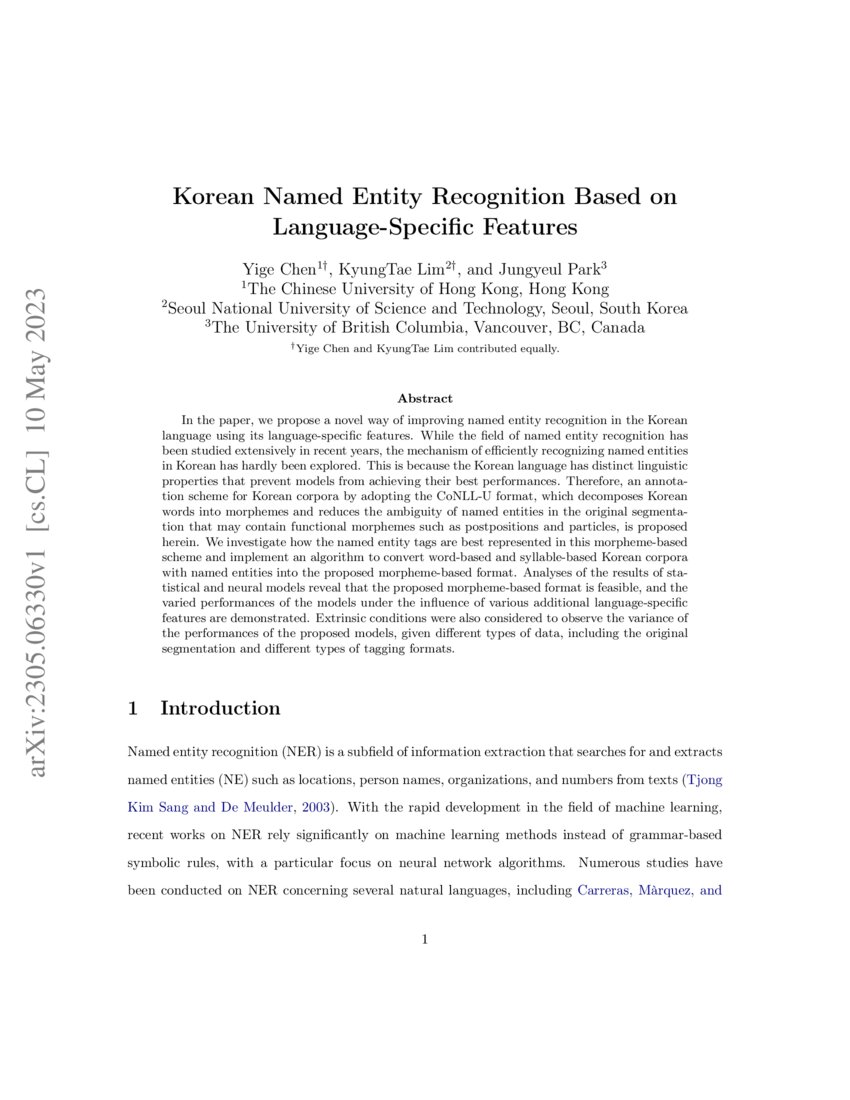 Korean Named Entity Recognition Based On Language Specific Features Deepai
