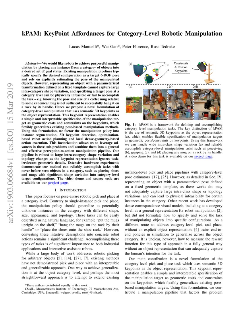 kPAM: KeyPoint Affordances for Category-Level Robotic Manipulation | DeepAI