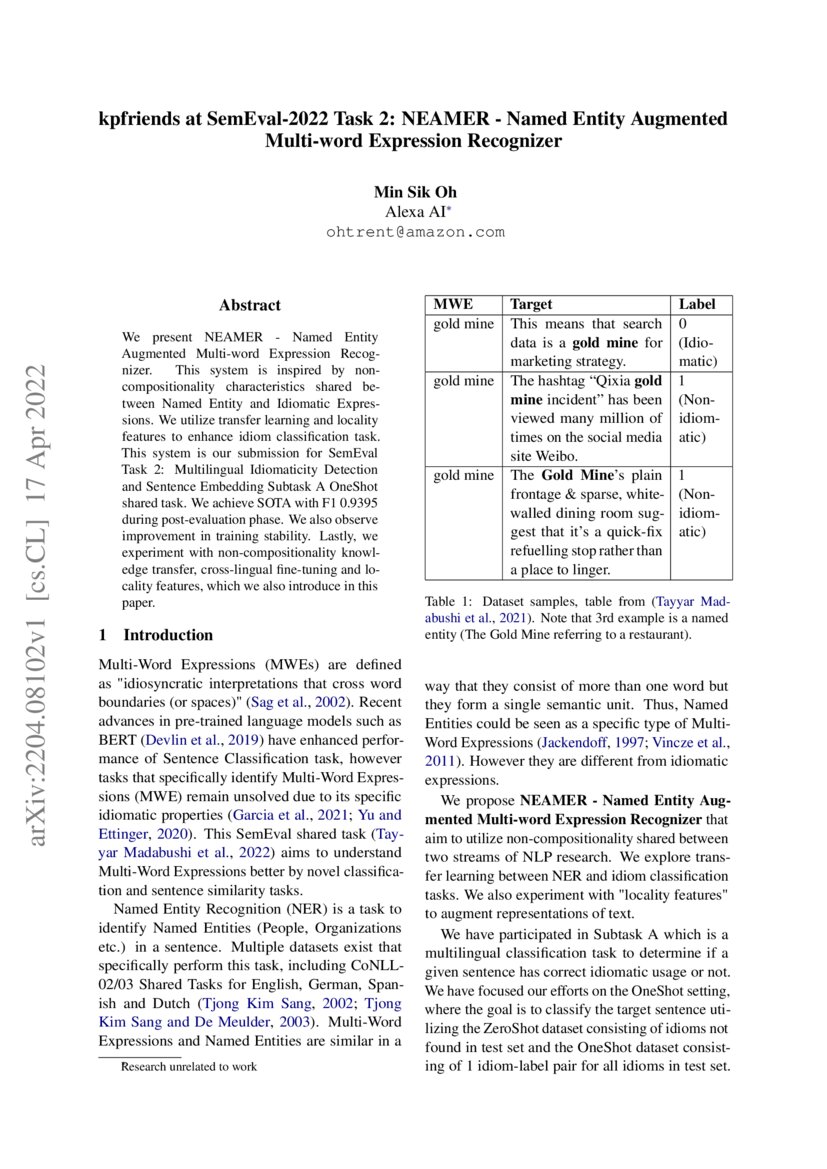 kpfriends at SemEval-2022 Task 2: NEAMER – Named Entity Augmented Multi-word Expression ...