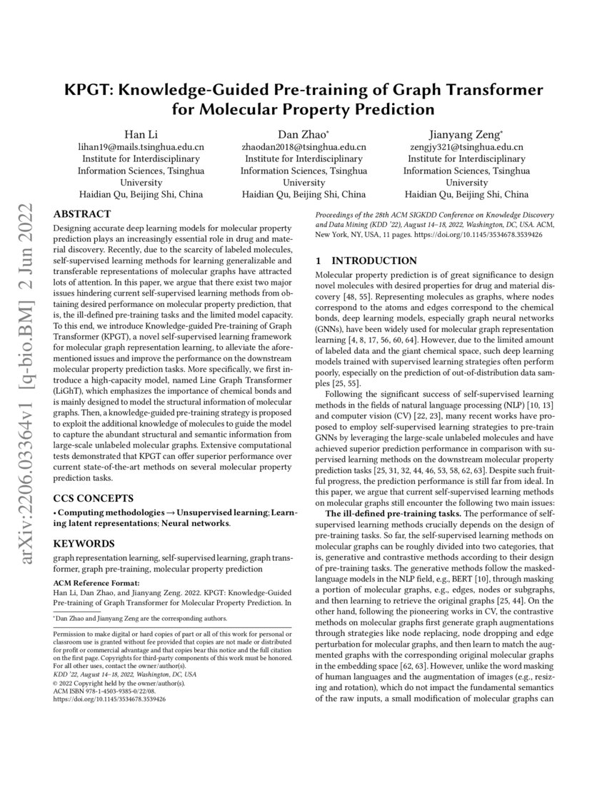 KPGT: Knowledge-Guided Pre-training of Graph Transformer for Molecular Property Prediction | DeepAI