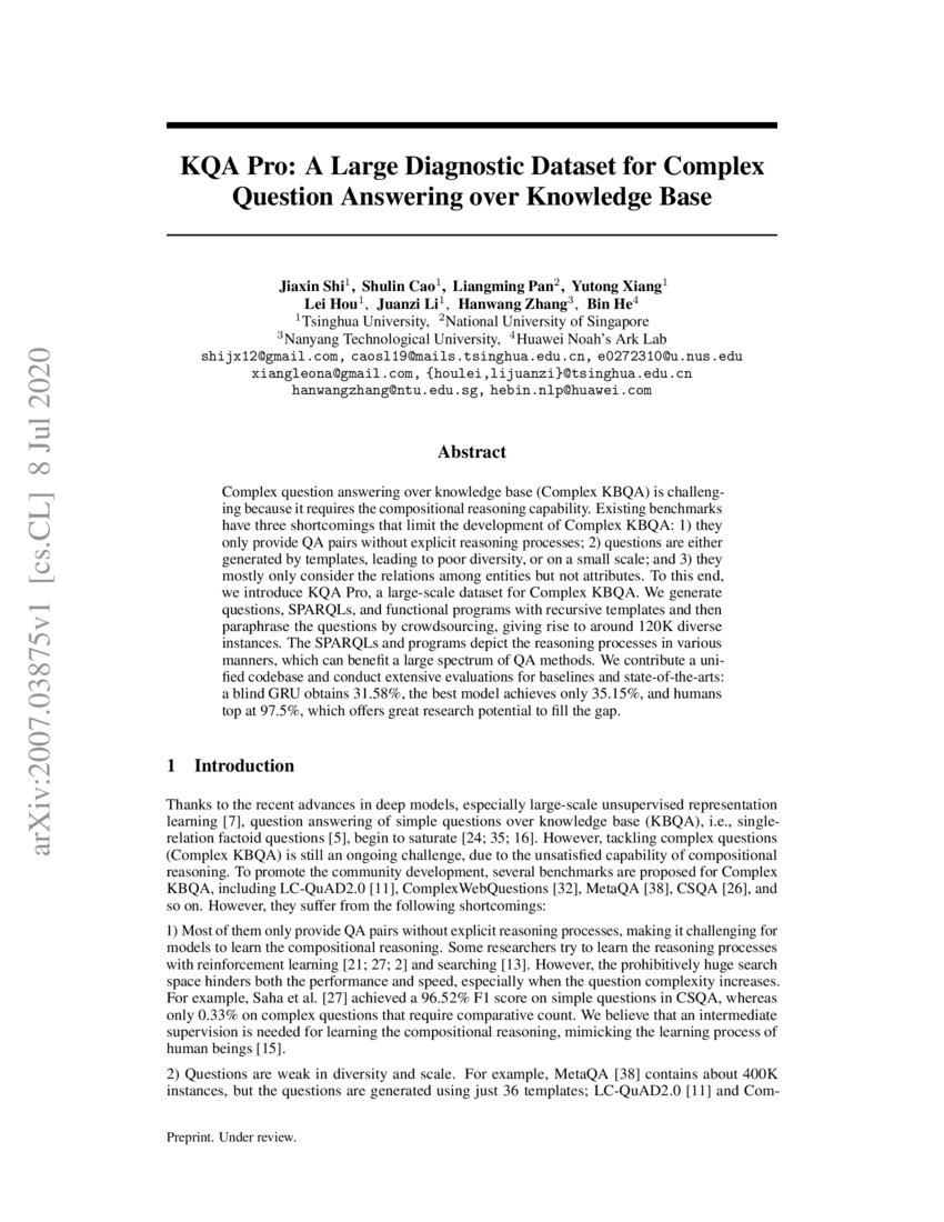 KQA Pro: A Large Diagnostic Dataset for Complex Question Answering over Knowledge Base | DeepAI