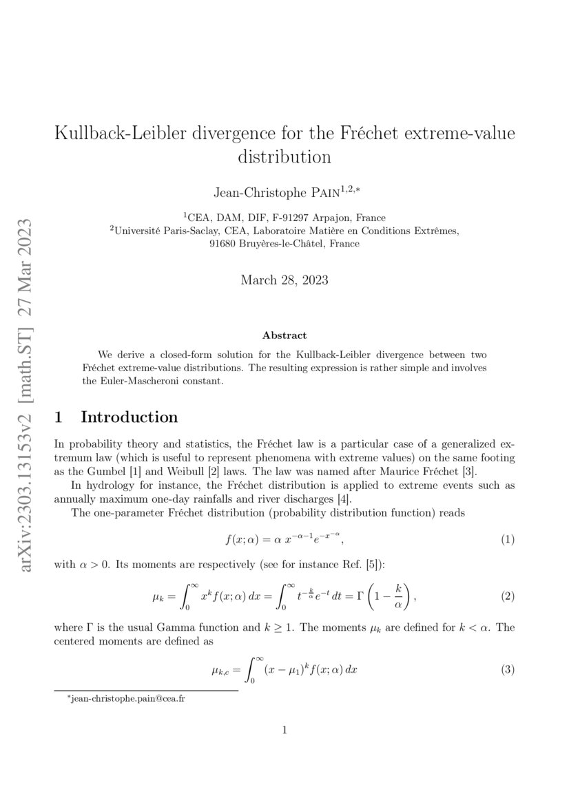 Kullback-Leibler divergence for the Fréchet extreme-value distribution | DeepAI