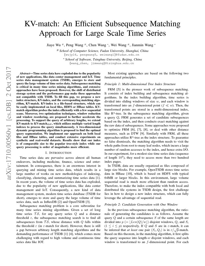 Kv Match An Efficient Subsequence Matching Approach For Large Scale Time Series Deepai