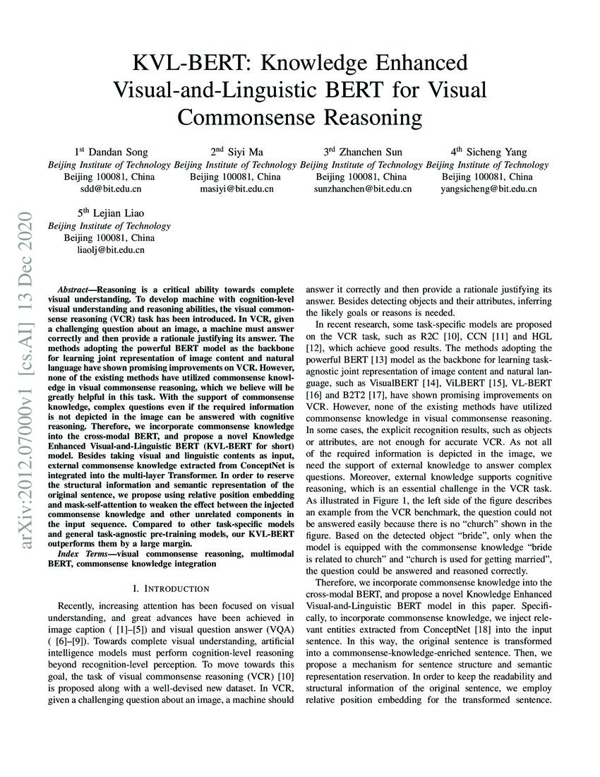 Kvl Bert Knowledge Enhanced Visual And Linguistic Bert For Visual Commonsense Reasoning Deepai