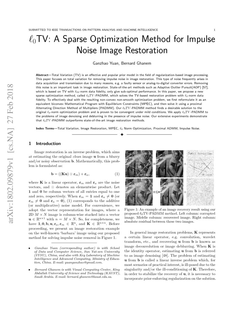 ℓ_0TV: A Sparse Optimization Method for Impulse Noise Image Restoration | DeepAI