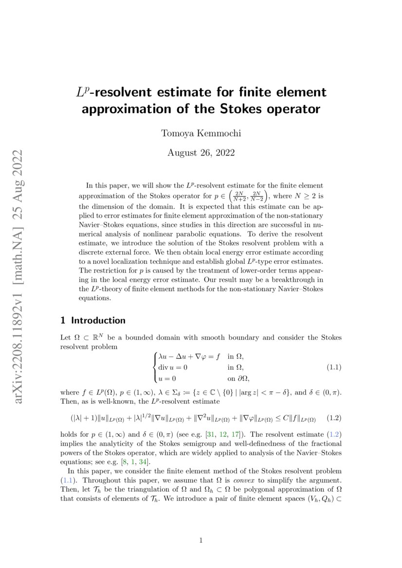 L P Resolvent Estimate For Finite Element Approximation Of The Stokes Operator Deepai
