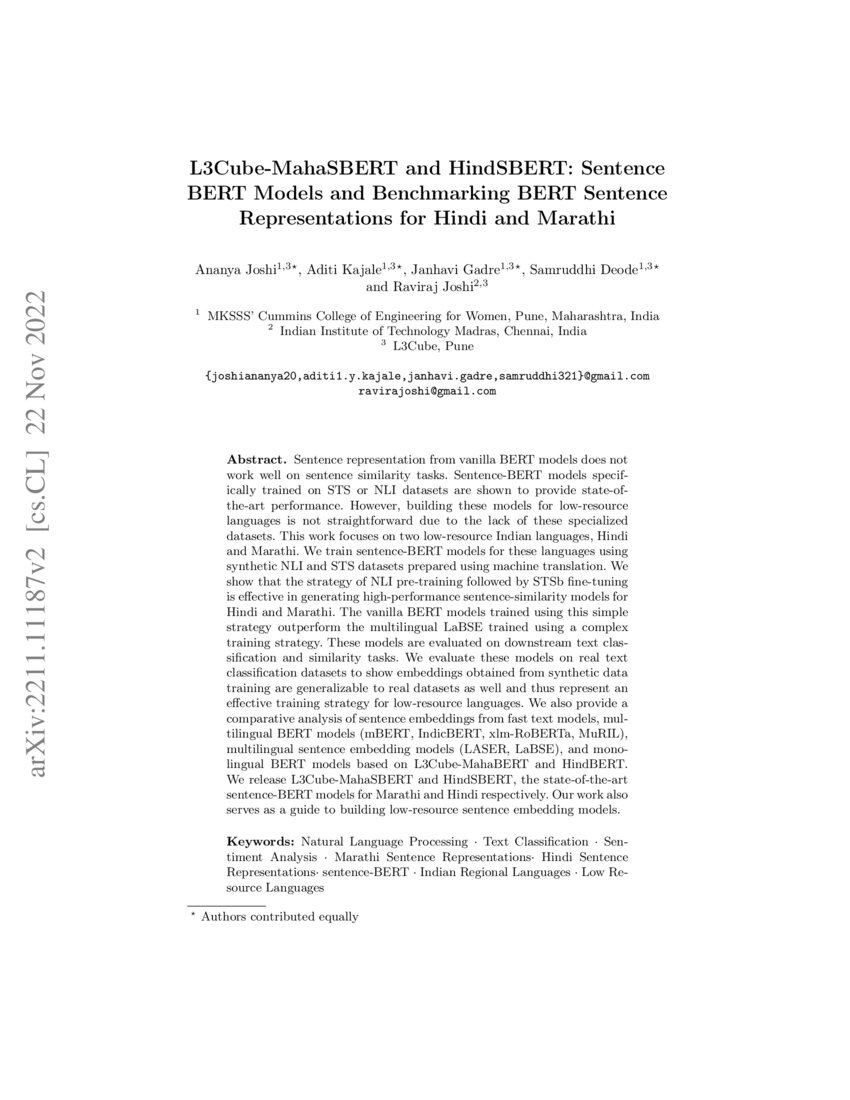 L3cube Mahasbert And Hindsbert Sentence Bert Models And Benchmarking Bert Sentence 