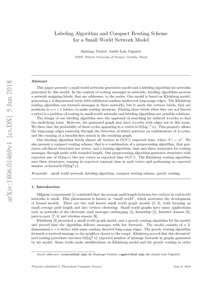 Labeling Algorithm And Compact Routing Scheme For A Small World Network Model Deepai