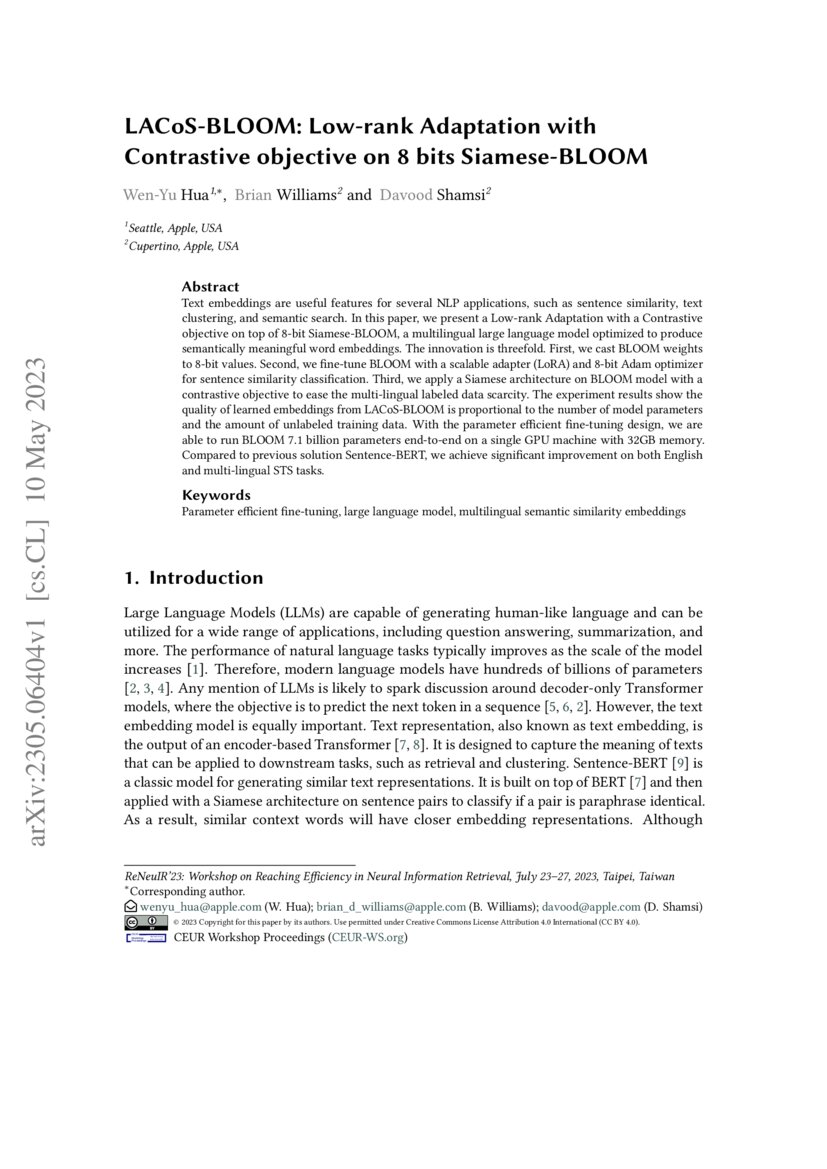 LACoS-BLOOM: Low-rank Adaptation with Contrastive objective on 8 bits ...