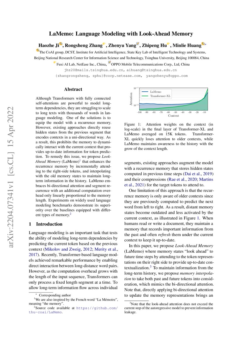 LaMemo: Language Modeling with Look-Ahead Memory | DeepAI