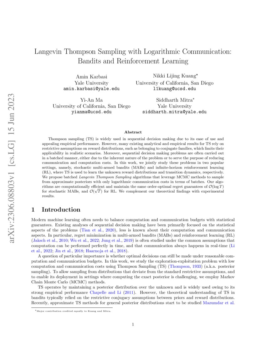 Langevin Thompson Sampling with Logarithmic Communication: Bandits and ... Langevin Thompson Sampling with Logarithmic Communication: Bandits and ...