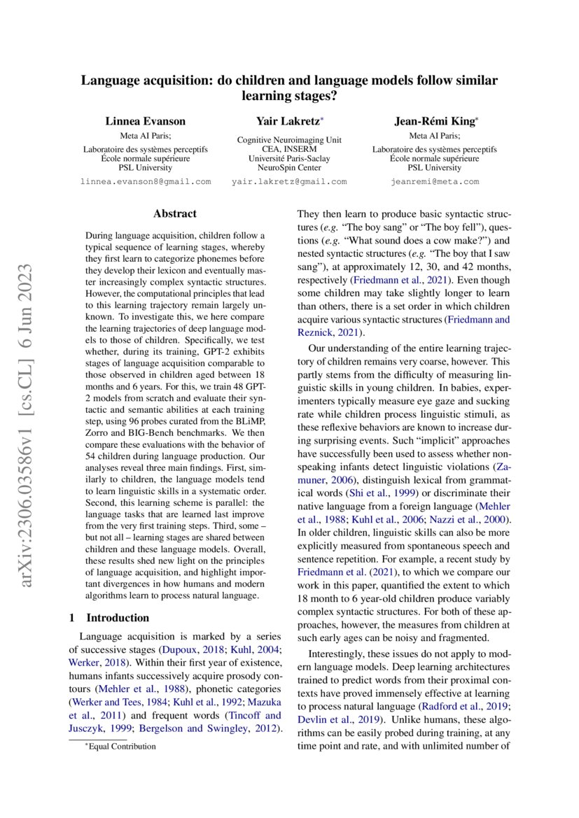 Language acquisition: do children and language models follow similar ...