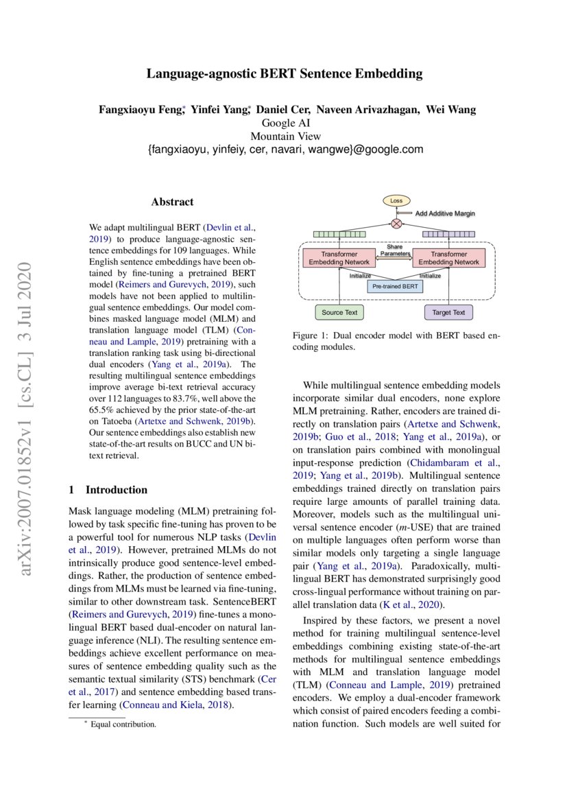 Language-agnostic BERT Sentence Embedding | DeepAI Language-agnostic BERT Sentence Embedding | DeepAI