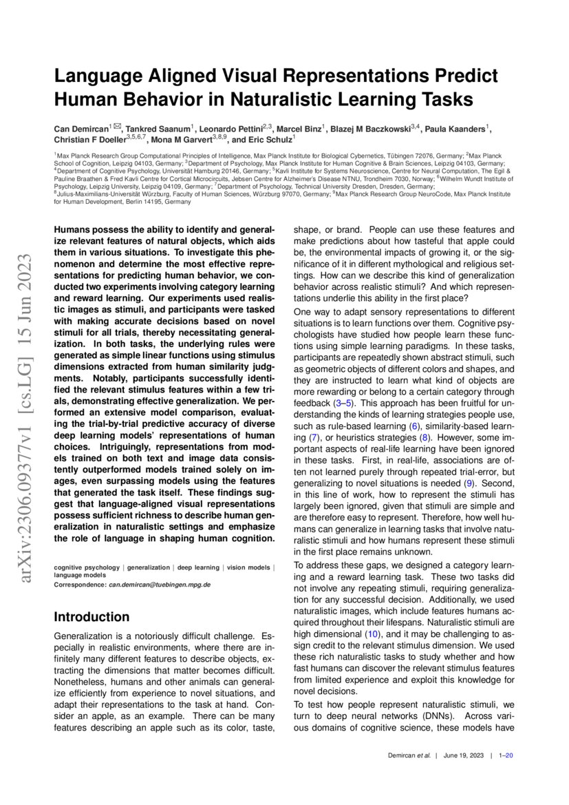 Language Aligned Visual Representations Predict Human Behavior In Naturalistic Learning Tasks