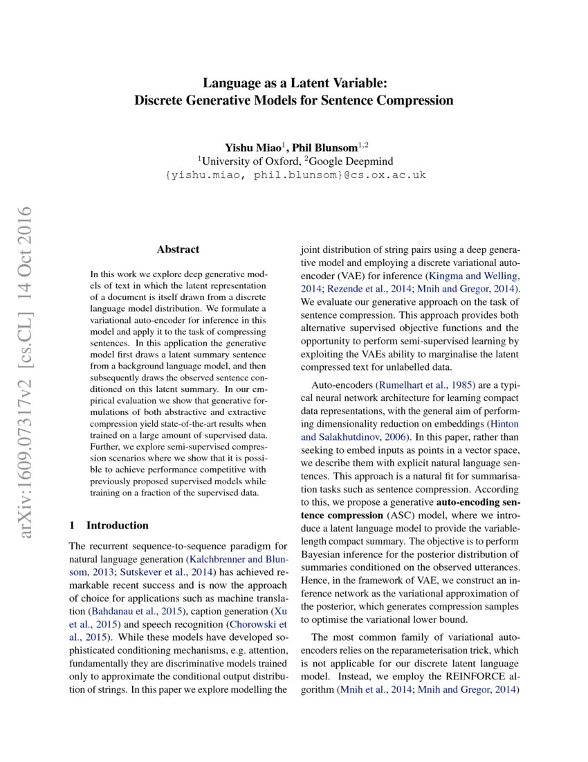 Language As A Latent Variable Discrete Generative Models For Sentence Compression Deepai