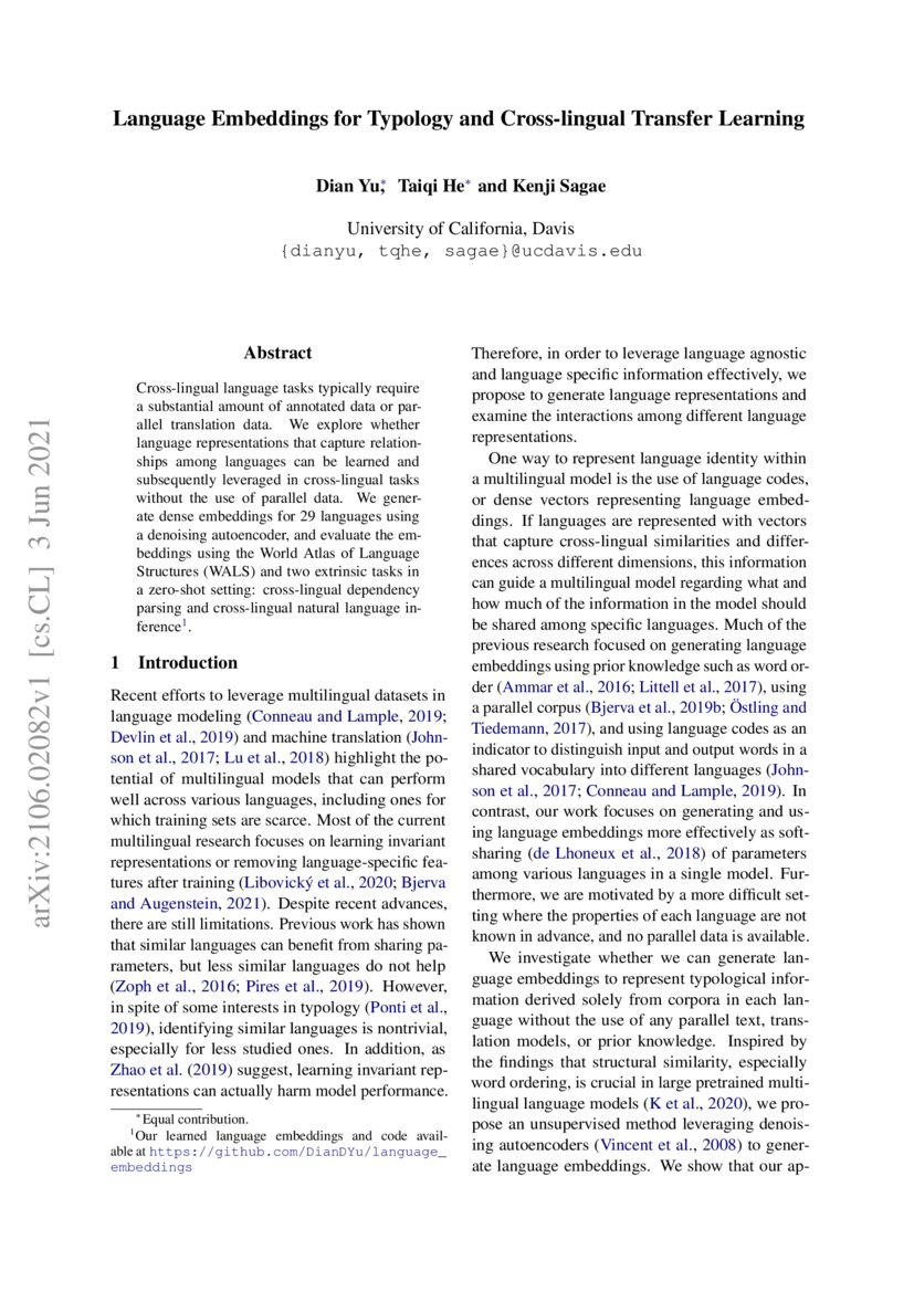Language Embeddings for Typology and Cross-lingual Transfer Learning | DeepAI