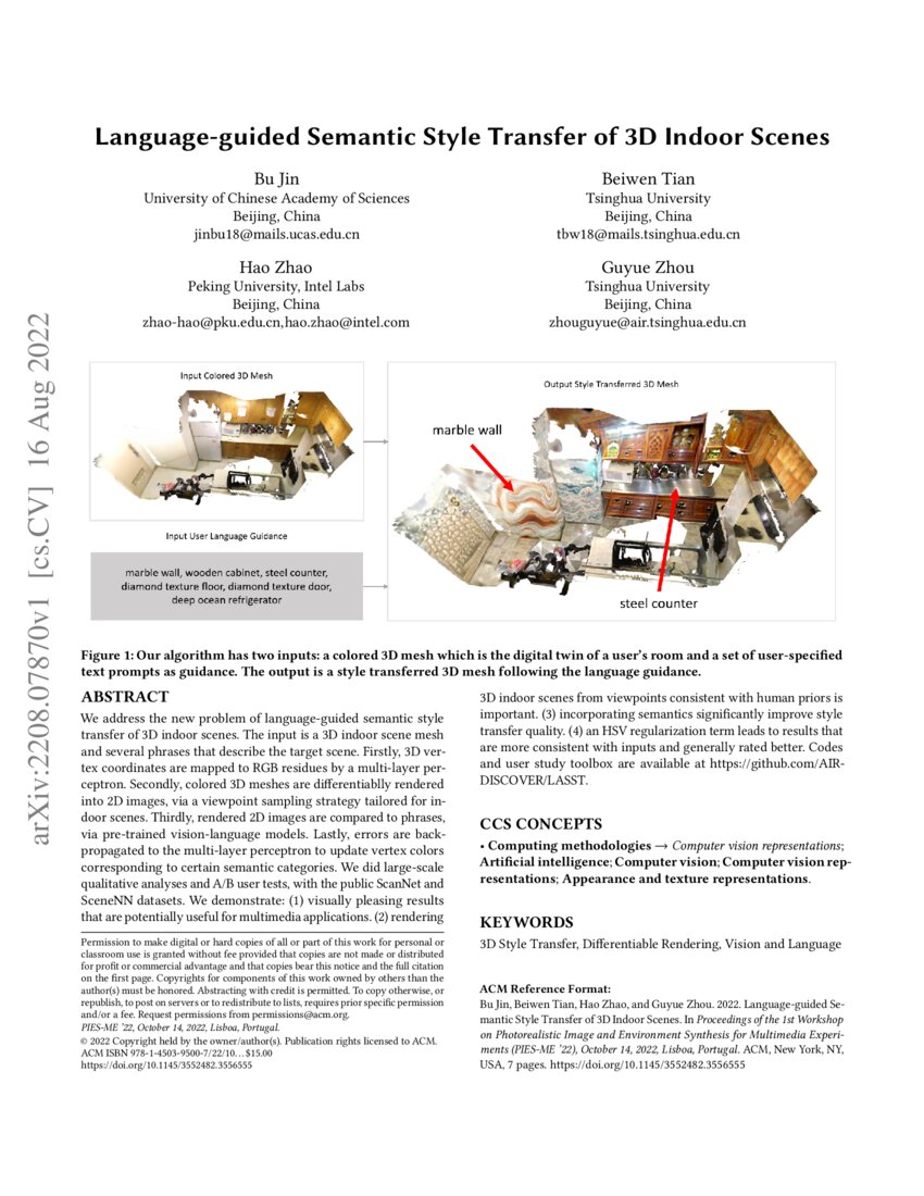 Language-guided Semantic Style Transfer of 3D Indoor Scenes | DeepAI