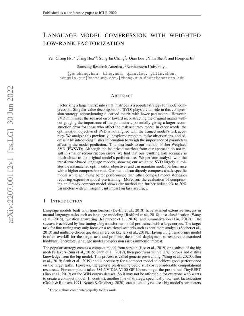 Language model compression with weighted low-rank factorization | DeepAI