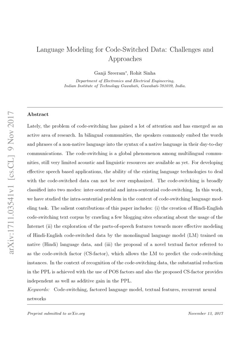 Language Modeling For Code Switched Data Challenges And Approaches Deepai