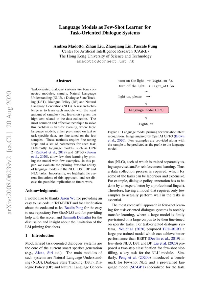Language Models As Few Shot Learner For Task Oriented Dialogue Systems Deepai