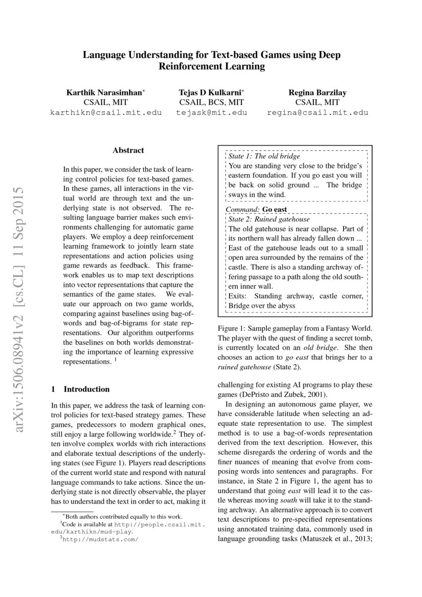 Language Understanding For Text Based Games Using Deep Reinforcement