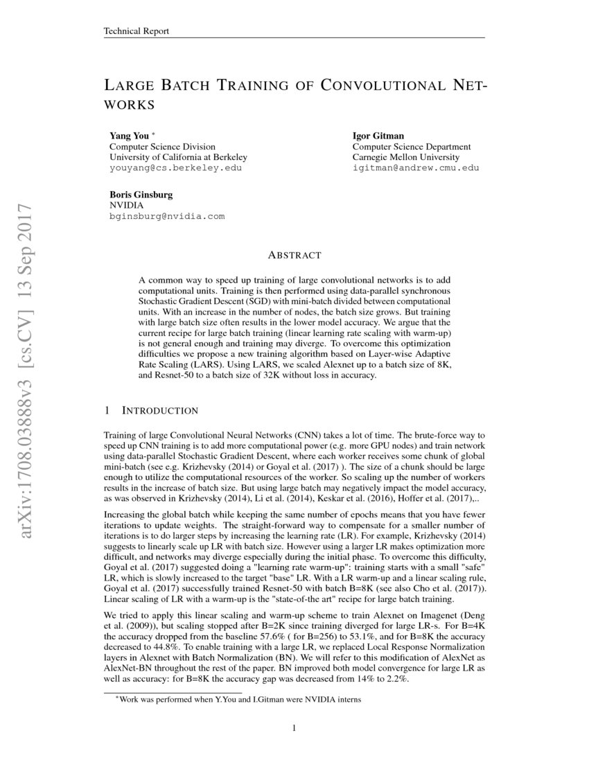 Large Batch Training of Convolutional Networks | DeepAI