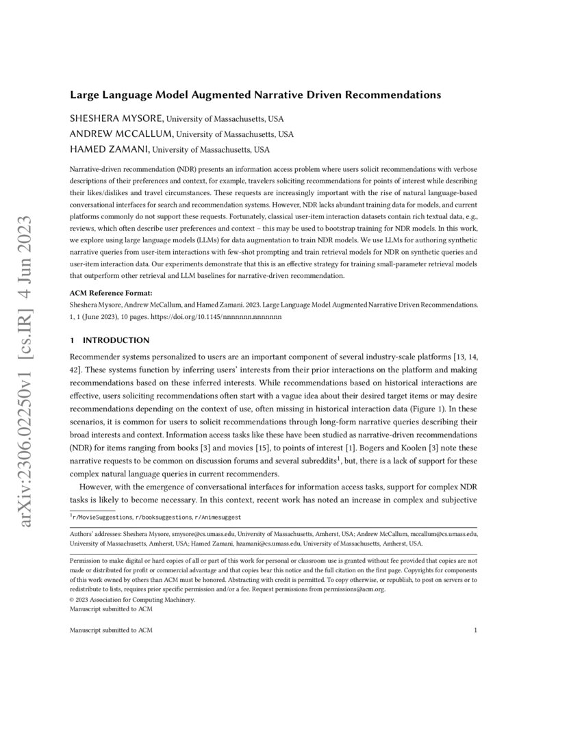 Large Language Model Augmented Narrative Driven Recommendations | DeepAI Large Language Model Augmented Narrative Driven Recommendations | DeepAI