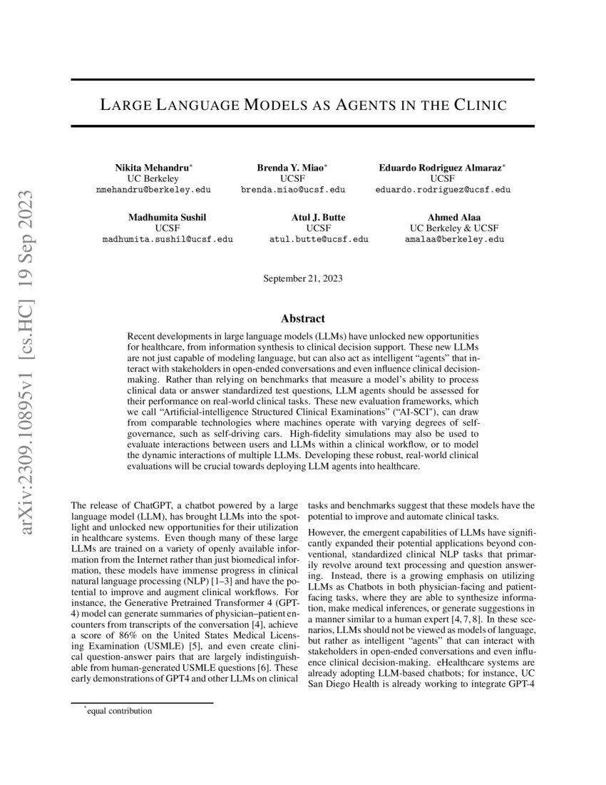 Large Language Models as Agents in the Clinic | DeepAI