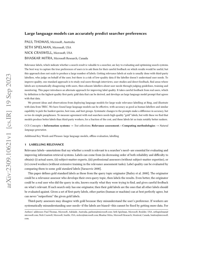 Large language models can accurately predict searcher preferences | DeepAI