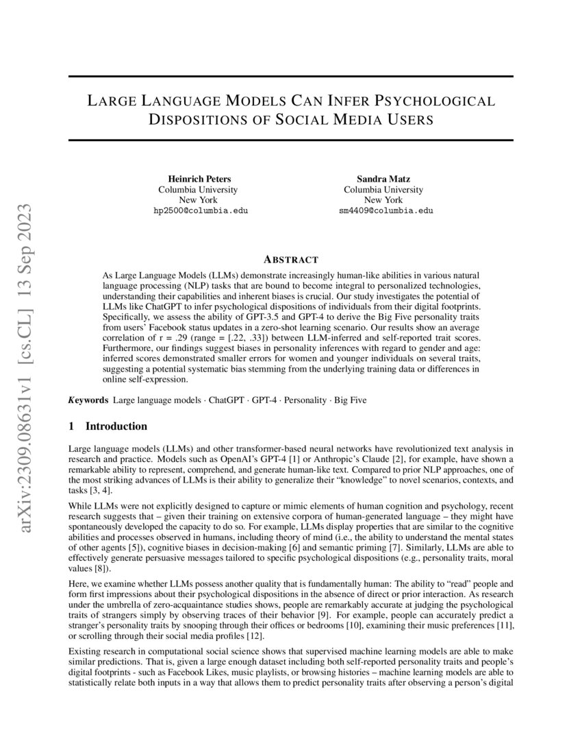 Large Language Models Can Infer Psychological Dispositions of Social Media Users | DeepAI