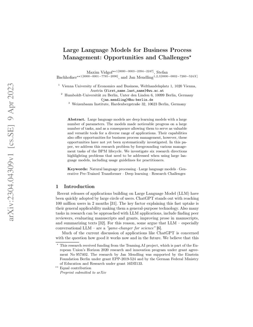 Large Language Models for Business Process Management: Opportunities and Challenges | DeepAI