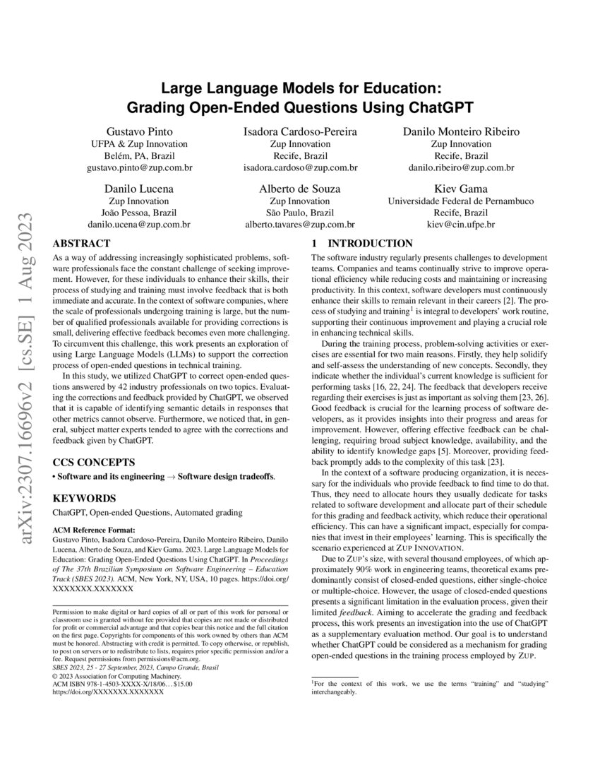 Large Language Models For Education Grading Open Ended Questions Using Chatgpt Deepai