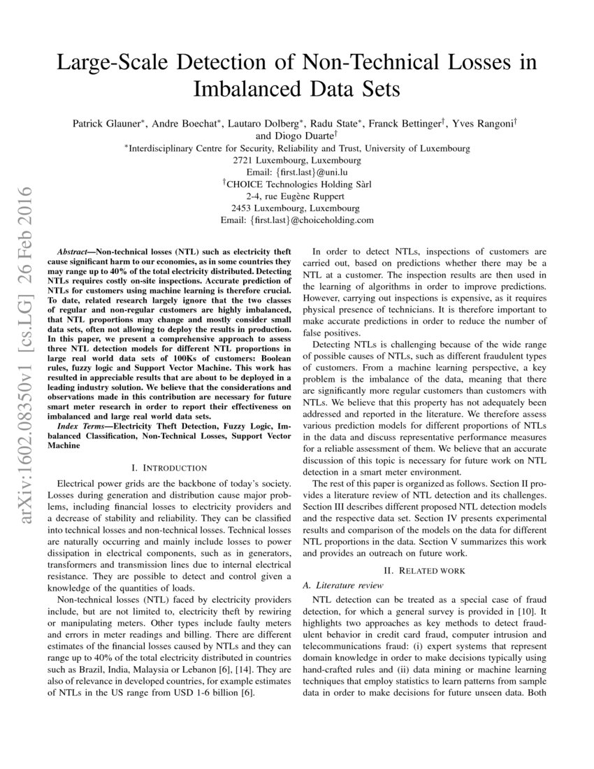 Large Scale Detection Of Non Technical Losses In Imbalanced Data Sets