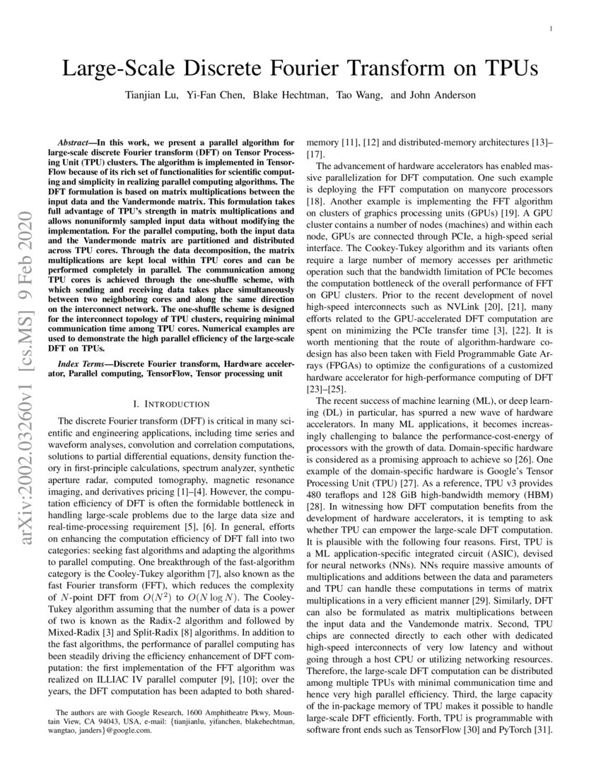 Large-Scale Discrete Fourier Transform on TPUs | DeepAI Large-Scale Discrete Fourier Transform on TPUs | DeepAI