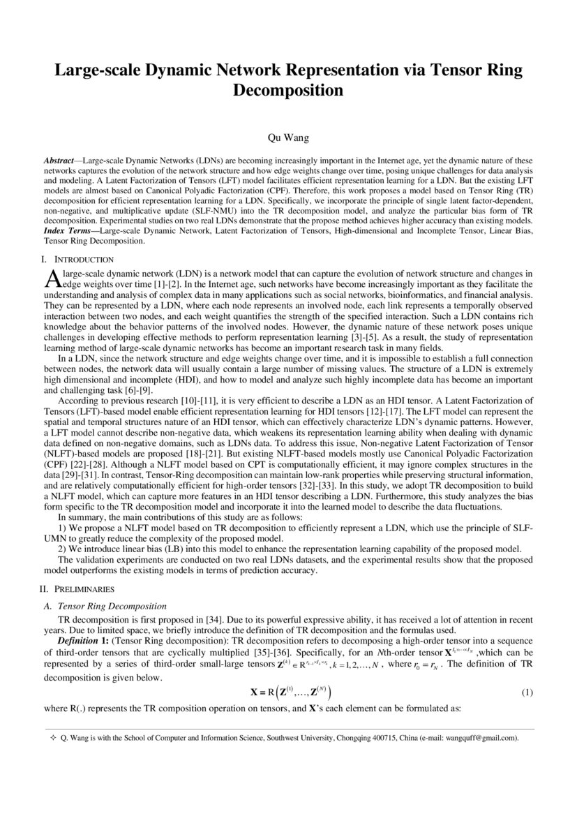 Large Scale Dynamic Network Representation Via Tensor Ring