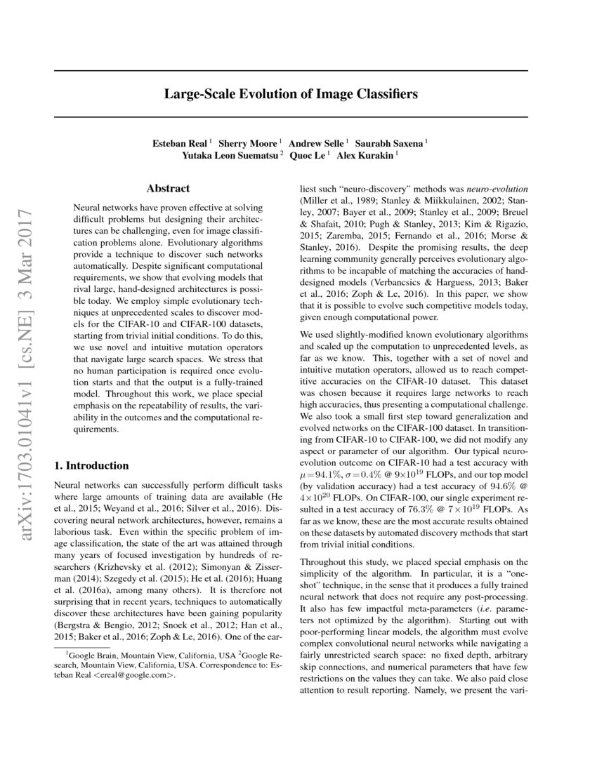 Large-Scale Evolution of Image Classifiers | DeepAI