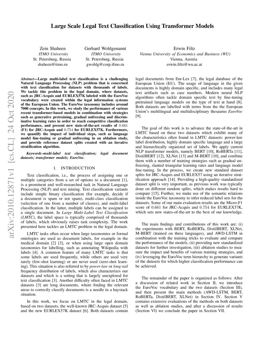 Large Scale Legal Text Classification Using Transformer Models | DeepAI