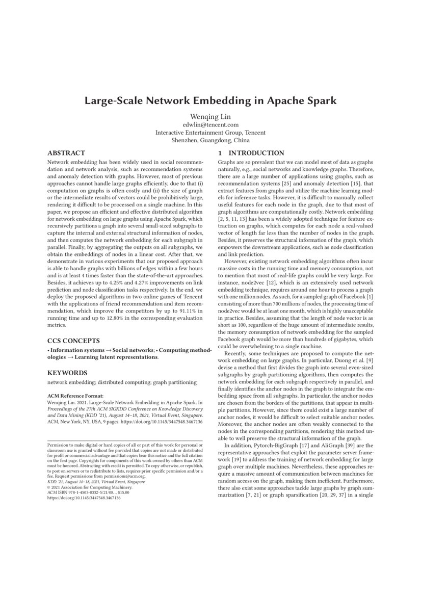 Large Scale Network Embedding In Apache Spark Deepai
