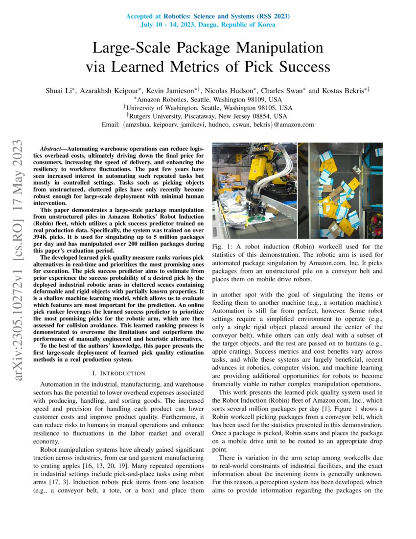 Large Scale Package Manipulation Via Learned Metrics Of Pick Success