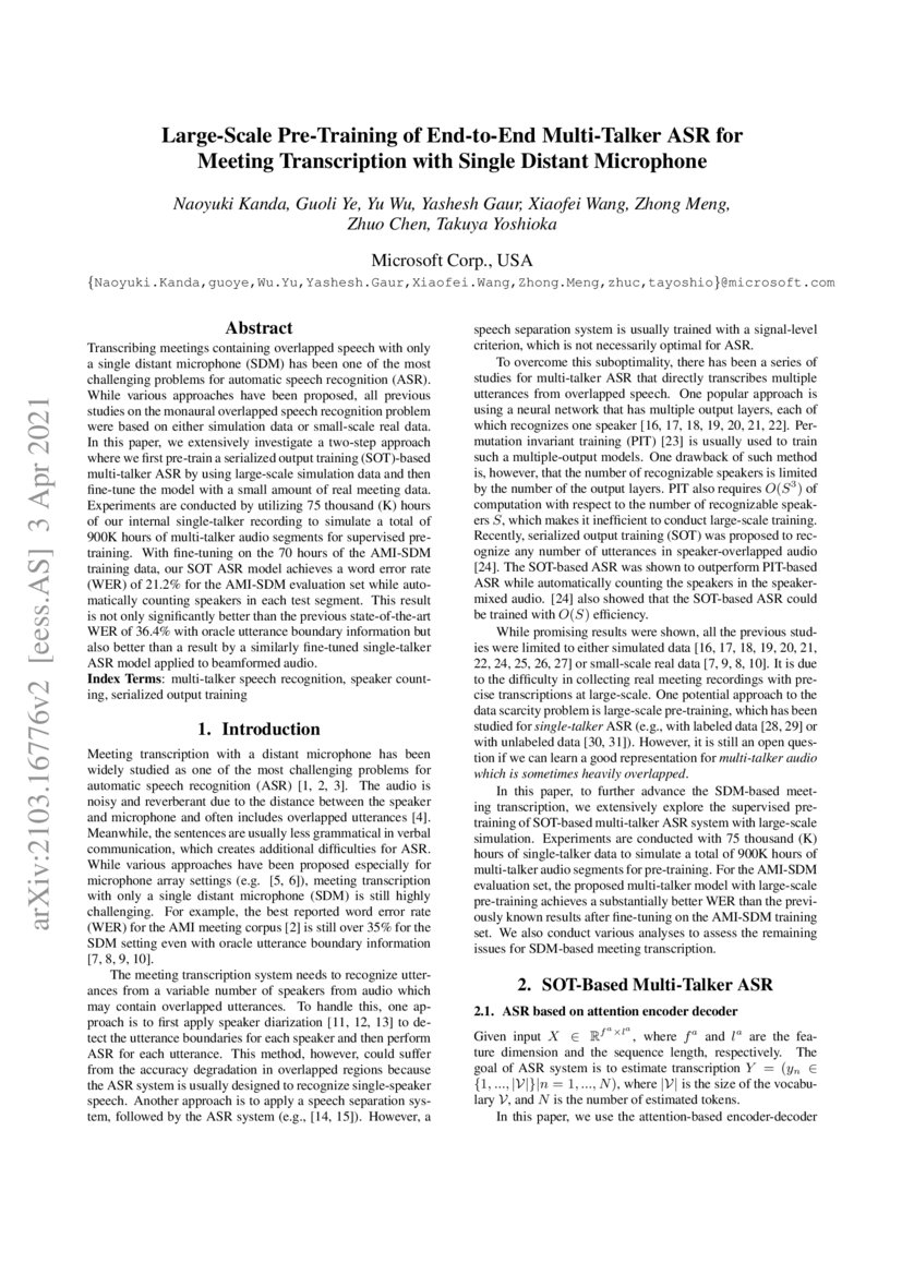 Large-Scale Pre-Training of End-to-End Multi-Talker ASR for Meeting Transcription with Single ...