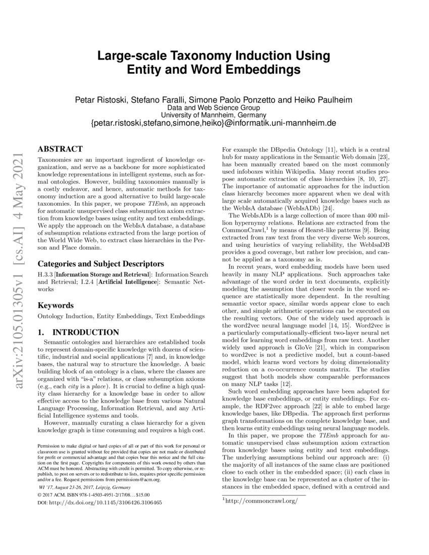 Large Scale Taxonomy Induction Using Entity And Word Embeddings Deepai