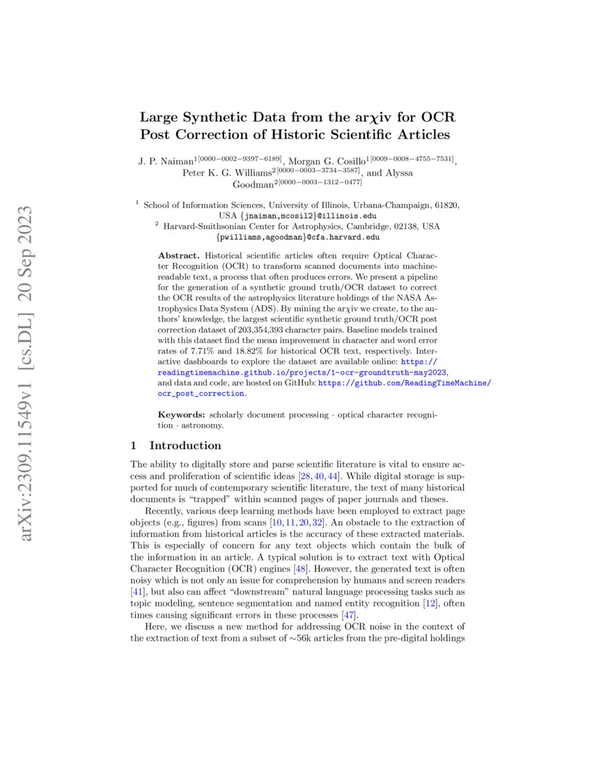 Large Synthetic Data from the arXiv for OCR Post Correction of Historic ...