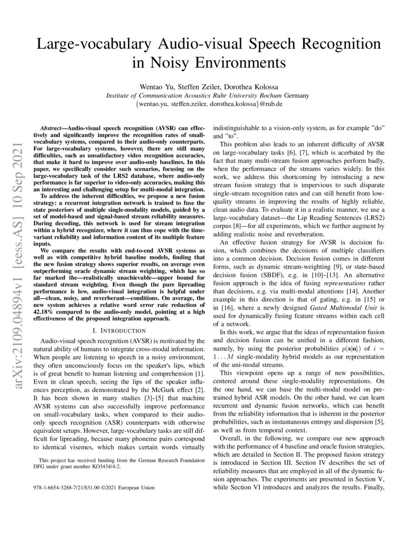 Large-vocabulary Audio-visual Speech Recognition in Noisy Environments | DeepAI